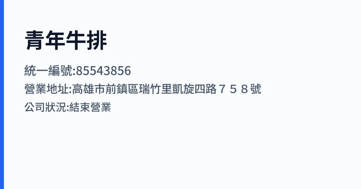 青年牛排 - 統編 85543856(高雄市) 公司登記資料與營業項目詳細圖表