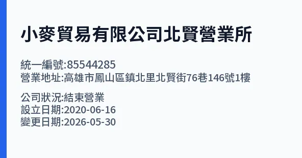 小麥貿易有限公司北賢營業所的照片-統編 85544285(高雄市) 公司登記資料與營業項目詳細圖表