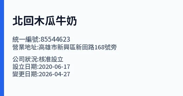 北回木瓜牛奶的照片-統編 85544623(高雄市) 公司登記資料與營業項目詳細圖表