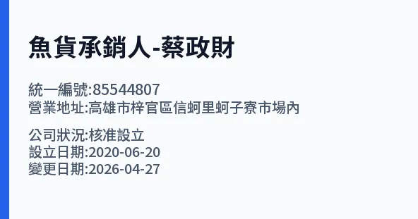 魚貨承銷人-蔡政財的照片-統編 85544807(高雄市) 公司登記資料與營業項目詳細圖表