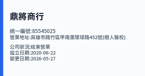 鼎將商行的照片-統編 85545025(高雄市) 公司登記資料與營業項目詳細圖表