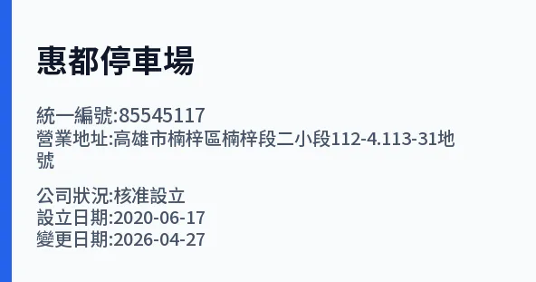 惠都停車場的照片-統編 85545117(高雄市) 公司登記資料與營業項目詳細圖表