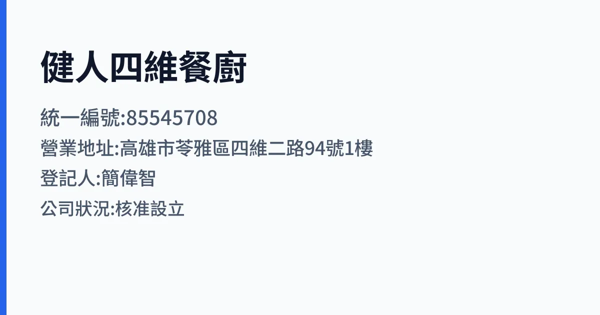 健人四維餐廚 - 統編 85545708(高雄市) 公司登記資料與營業項目詳細圖表