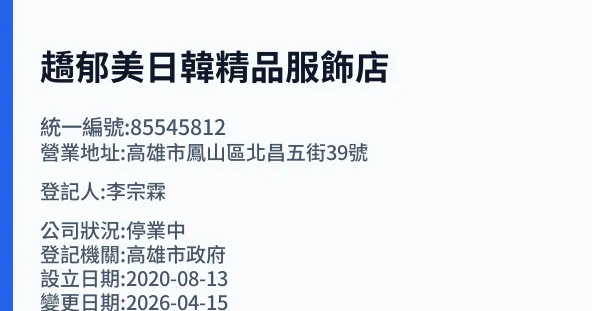 趫郁美日韓精品服飾店的照片-統編 85545812(高雄市) 公司登記資料與營業項目詳細圖表