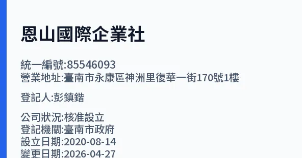 恩山國際企業社的照片-統編 85546093(臺南市) 公司登記資料與營業項目詳細圖表