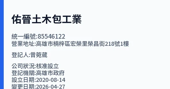 佑晉土木包工業的照片-統編 85546122(高雄市) 公司登記資料與營業項目詳細圖表