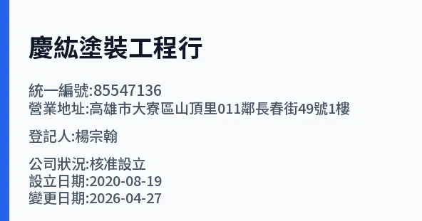 慶紘塗裝工程行的照片-統編 85547136(高雄市) 公司登記資料與營業項目詳細圖表