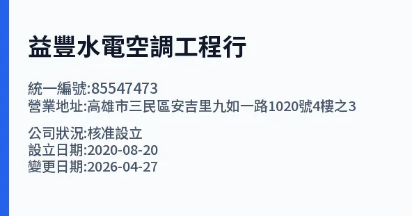 益豐水電空調工程行的照片-統編 85547473(高雄市) 公司登記資料與營業項目詳細圖表