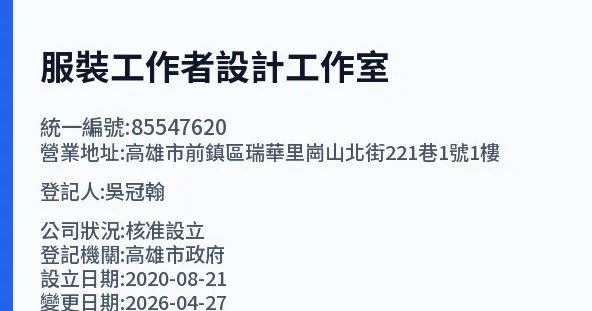 服裝工作者設計工作室的照片-統編 85547620(高雄市) 公司登記資料與營業項目詳細圖表