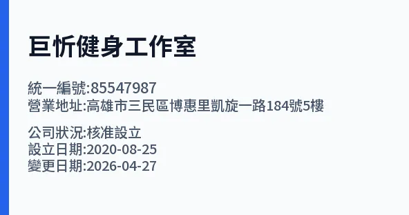 巨忻健身工作室的照片-統編 85547987(高雄市) 公司登記資料與營業項目詳細圖表