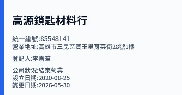 高源鎖匙材料行的照片-統編 85548141(高雄市) 公司登記資料與營業項目詳細圖表