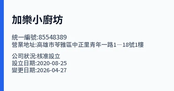 加樂小廚坊的照片-統編 85548389(高雄市) 公司登記資料與營業項目詳細圖表