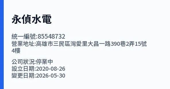 永偵水電的照片-統編 85548732(高雄市) 公司登記資料與營業項目詳細圖表