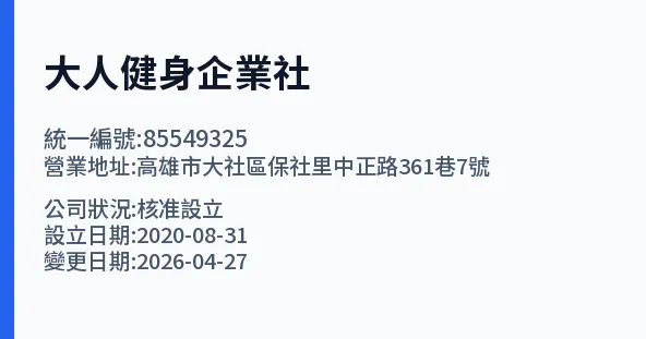 大人健身企業社的照片-統編 85549325(高雄市) 公司登記資料與營業項目詳細圖表