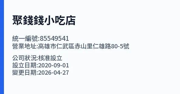 聚錢錢小吃店的照片-統編 85549541(高雄市) 公司登記資料與營業項目詳細圖表