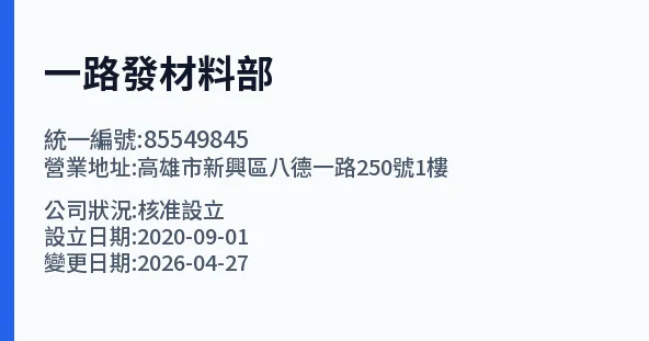 一路發材料部的照片-統編 85549845(高雄市) 公司登記資料與營業項目詳細圖表