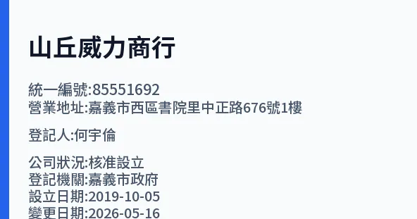 山丘威力商行的照片-統編 85551692(嘉義市) 公司登記資料與營業項目詳細圖表