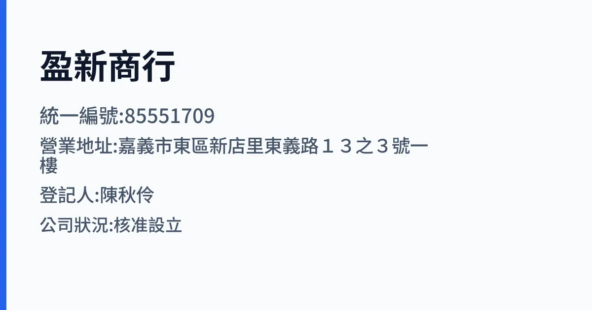 盈新商行 - 統編 85551709(嘉義市) 公司登記資料與營業項目詳細圖表