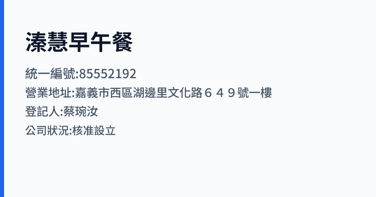 溱慧早午餐 - 統編 85552192(嘉義市) 公司登記資料與營業項目詳細圖表