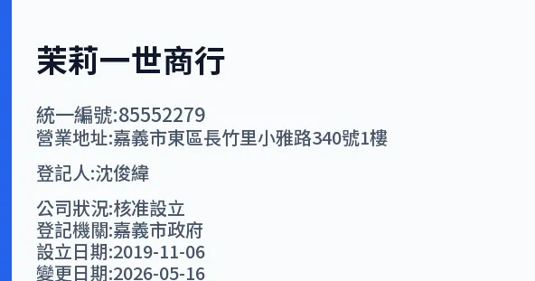 茉莉一世商行的照片-統編 85552279(嘉義市) 公司登記資料與營業項目詳細圖表