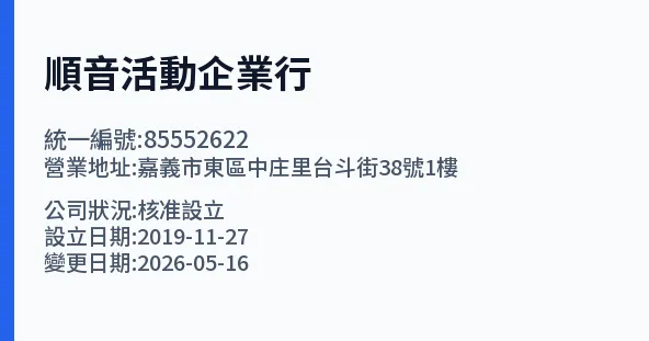 順音活動企業行的照片-統編 85552622(嘉義市) 公司登記資料與營業項目詳細圖表