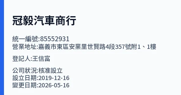 冠毅汽車商行的照片-統編 85552931(嘉義市) 公司登記資料與營業項目詳細圖表