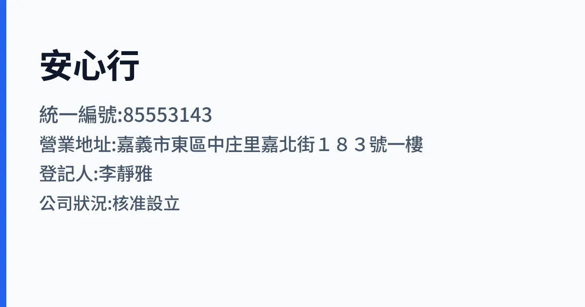 安心行 - 統編 85553143(嘉義市) 公司登記資料與營業項目詳細圖表