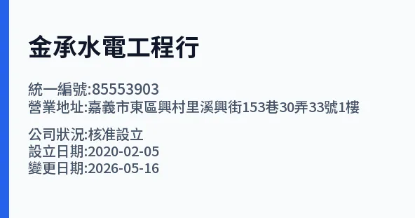 金承水電工程行的照片-統編 85553903(嘉義市) 公司登記資料與營業項目詳細圖表