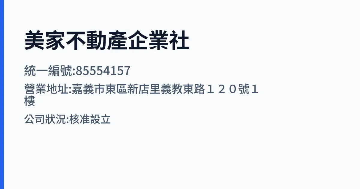 美家不動產企業社 - 統編 85554157(嘉義市) 公司登記資料與營業項目詳細圖表