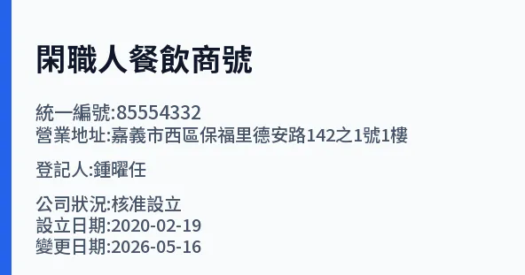 閑職人餐飲商號的照片-統編 85554332(嘉義市) 公司登記資料與營業項目詳細圖表