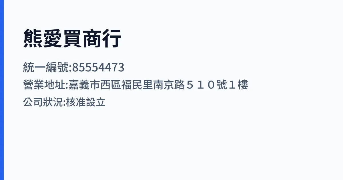 熊愛買商行 - 統編 85554473(嘉義市) 公司登記資料與營業項目詳細圖表