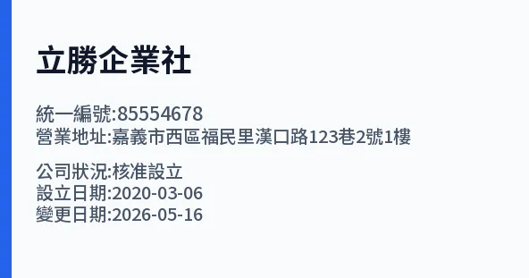 立勝企業社的照片-統編 85554678(嘉義市) 公司登記資料與營業項目詳細圖表