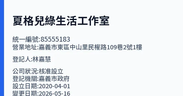 夏格兒綠生活工作室的照片-統編 85555183(嘉義市) 公司登記資料與營業項目詳細圖表