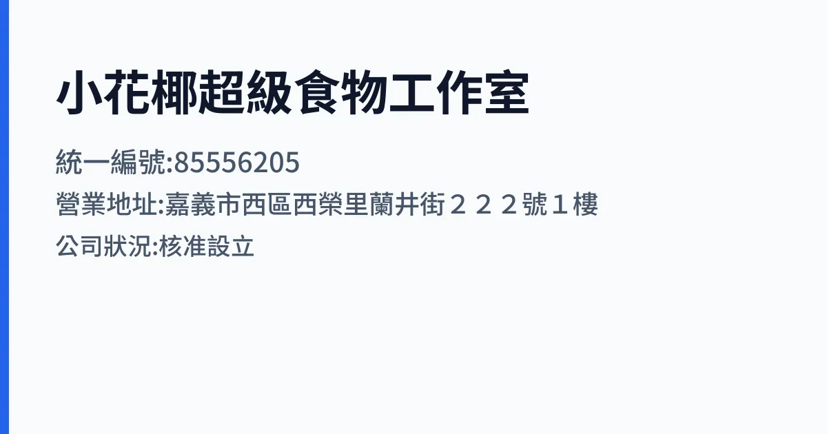 小花椰超級食物工作室 - 統編 85556205(嘉義市) 公司登記資料與營業項目詳細圖表