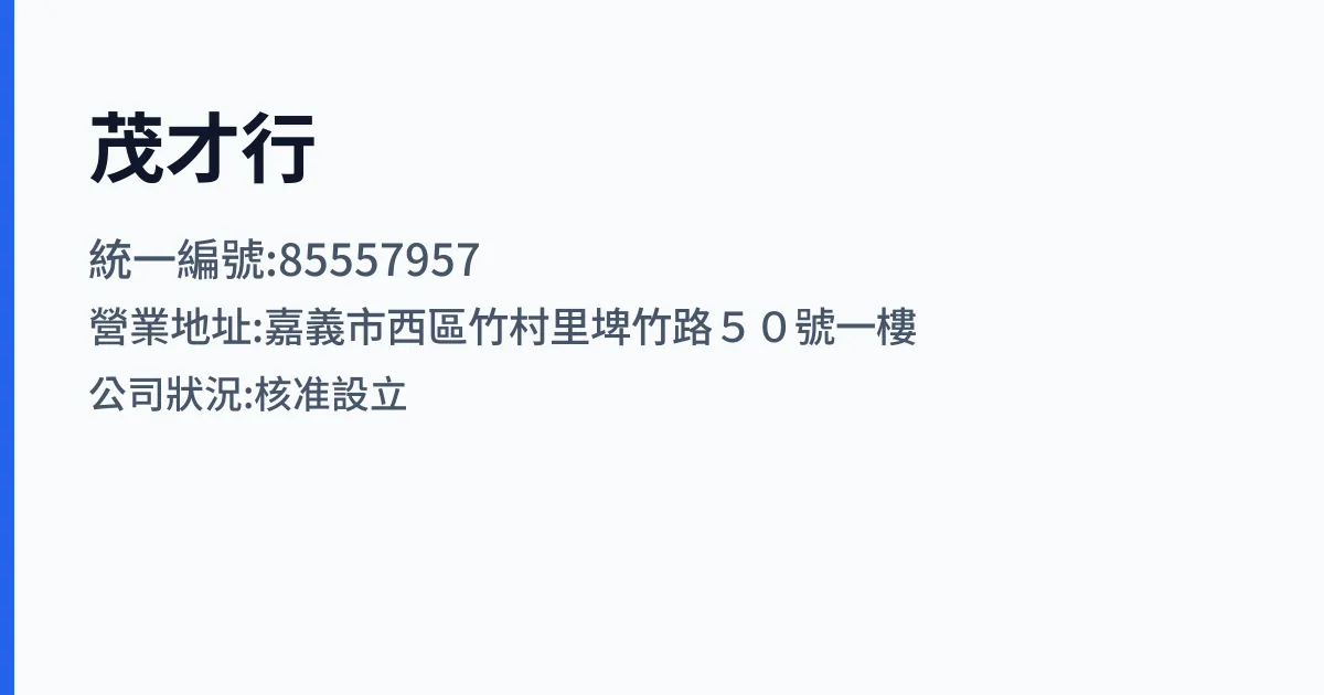 茂才行 - 統編 85557957(嘉義市) 公司登記資料與營業項目詳細圖表