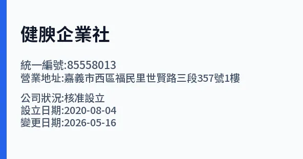 健腴企業社的照片-統編 85558013(嘉義市) 公司登記資料與營業項目詳細圖表