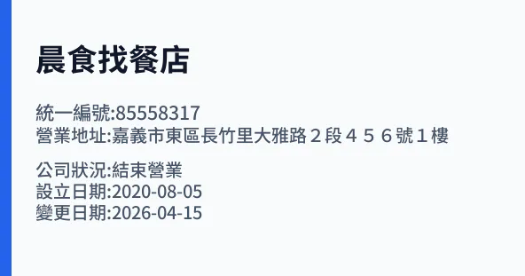 晨食找餐店的照片-統編 85558317(嘉義市) 公司登記資料與營業項目詳細圖表