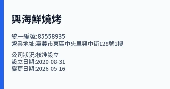 興海鮮燒烤的照片-統編 85558935(嘉義市) 公司登記資料與營業項目詳細圖表