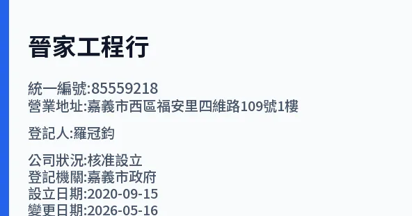晉家工程行的照片-統編 85559218(嘉義市) 公司登記資料與營業項目詳細圖表