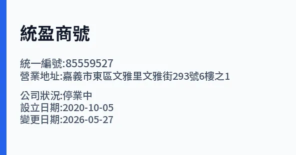 統盈商號的照片-統編 85559527(嘉義市) 公司登記資料與營業項目詳細圖表
