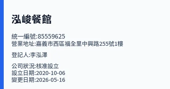 泓峻餐館的照片-統編 85559625(嘉義市) 公司登記資料與營業項目詳細圖表