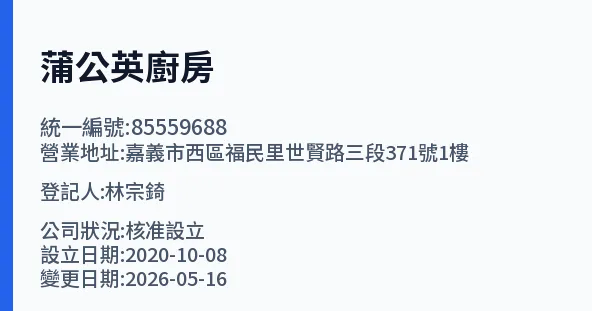蒲公英廚房的照片-統編 85559688(嘉義市) 公司登記資料與營業項目詳細圖表