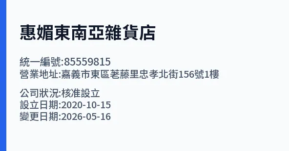 惠媚東南亞雜貨店的照片-統編 85559815(嘉義市) 公司登記資料與營業項目詳細圖表