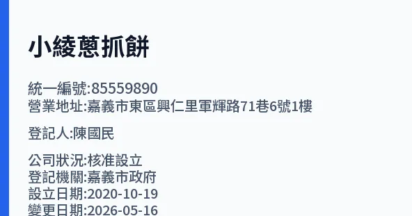 小綾蔥抓餅的照片-統編 85559890(嘉義市) 公司登記資料與營業項目詳細圖表