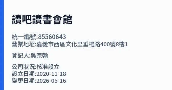 讀吧讀書會館的照片-統編 85560643(嘉義市) 公司登記資料與營業項目詳細圖表