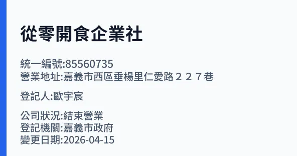 從零開食企業社的照片-統編 85560735(嘉義市) 公司登記資料與營業項目詳細圖表