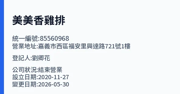美美香雞排的照片-統編 85560968(嘉義市) 公司登記資料與營業項目詳細圖表