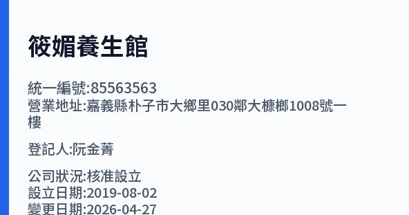 筱媚養生館的照片-統編 85563563(嘉義縣) 公司登記資料與營業項目詳細圖表