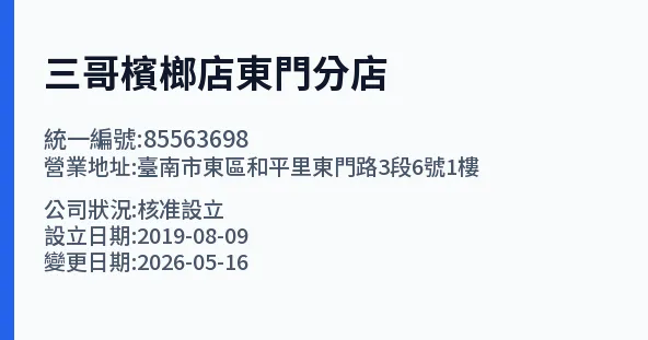 三哥檳榔店東門分店的照片-統編 85563698(臺南市) 公司登記資料與營業項目詳細圖表