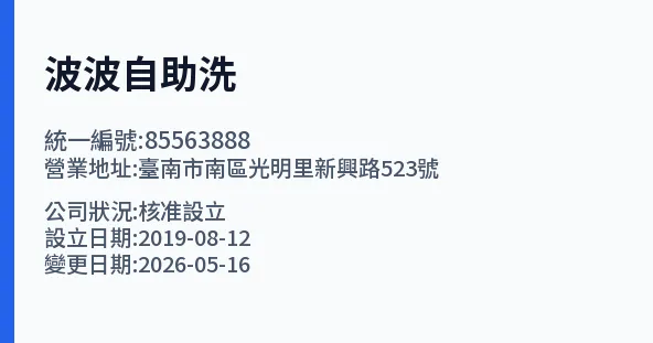波波自助洗的照片-統編 85563888(臺南市) 公司登記資料與營業項目詳細圖表